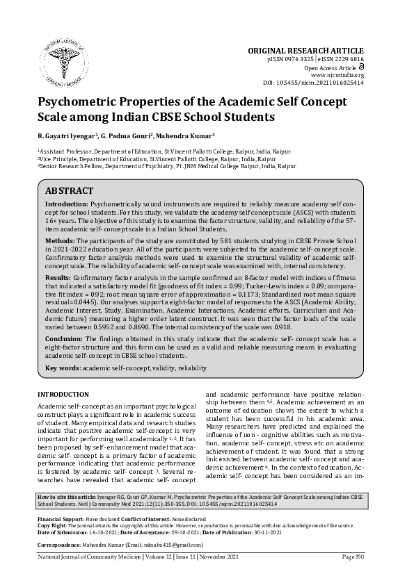 (PDF) Psychometric Properties of the Academic Self Concept Scale among Indian CBSE School Students