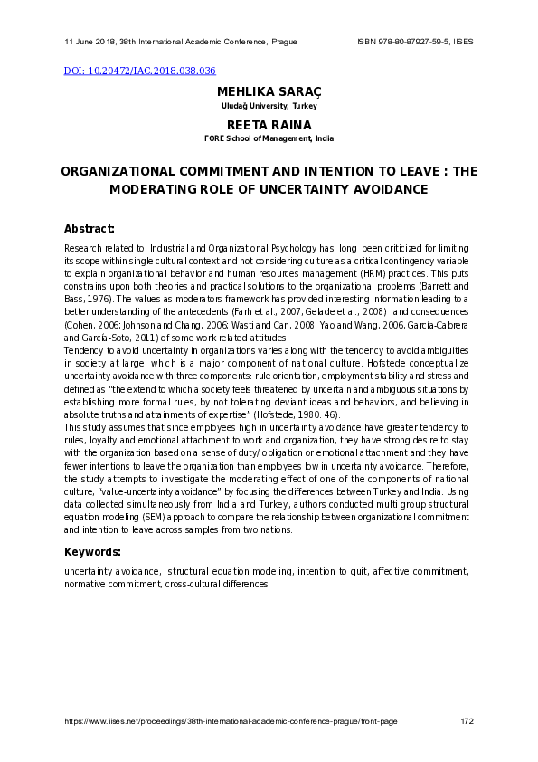 (PDF) Organizational Commitment and Intention to Leave : The Moderating ...