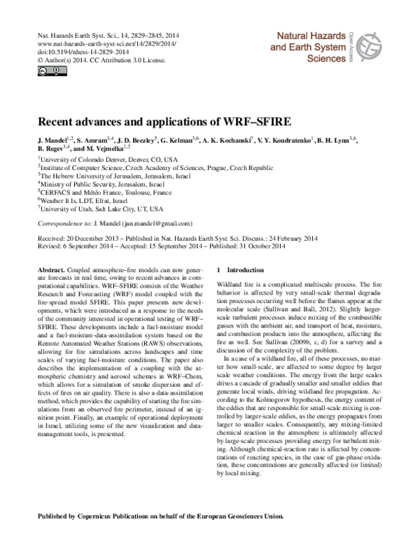 (PDF) Recent advances and applications of WRF–SFIRE