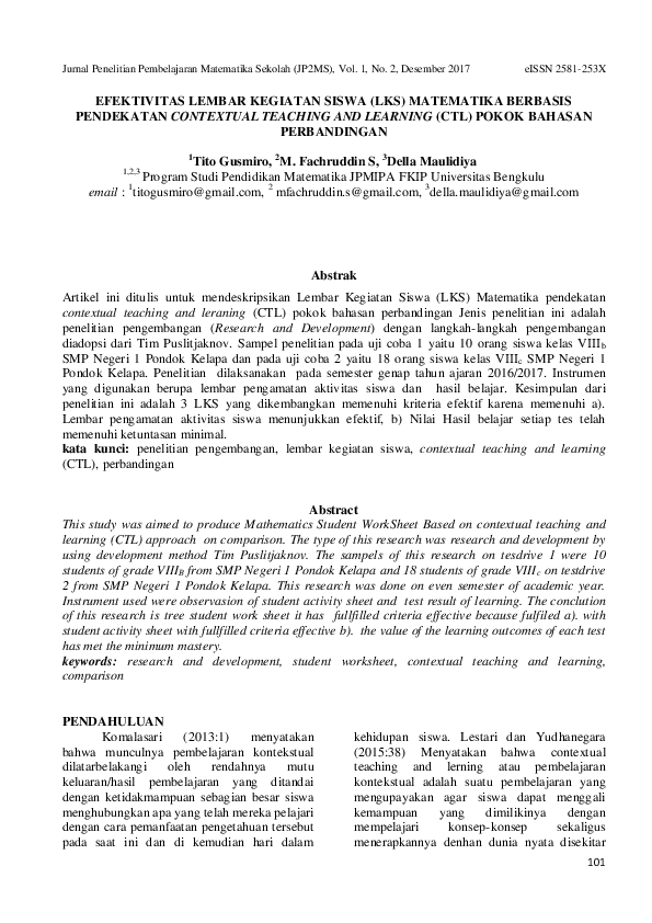 (PDF) Efektivitas Lembar Kegiatan Siswa (LKS) Matematika Berbasis Pendekatan Contextual Teaching ...