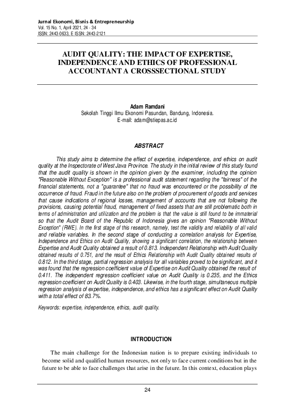 (PDF) Audit Quality: The Impact of Expertise, Independence and Ethics of Professional Accountant ...