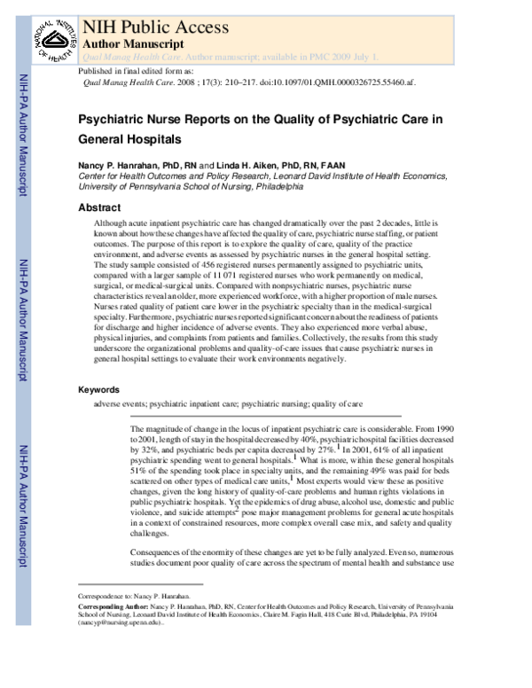 (PDF) Psychiatric Nurse Reports on the Quality of Psychiatric Care in ...
