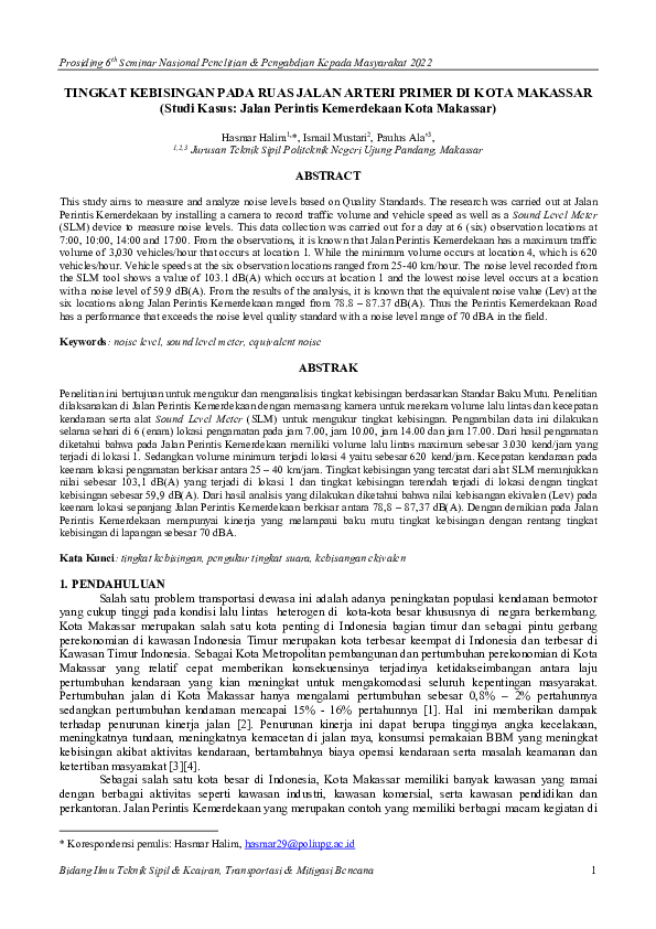 (PDF) Tingkat Kebisingan Pada Ruas Jalan Arteri Primer DI Kota Makassar