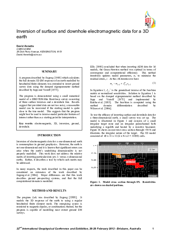 (PDF) Inversion of surface and downhole electromagnetic data for a 3D earth