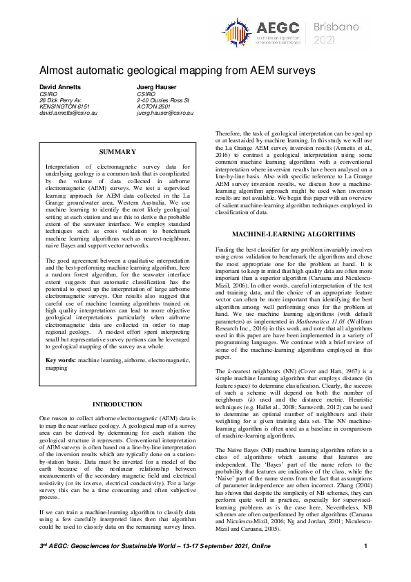 (PDF) Almost automatic geological mapping from AEM surveys