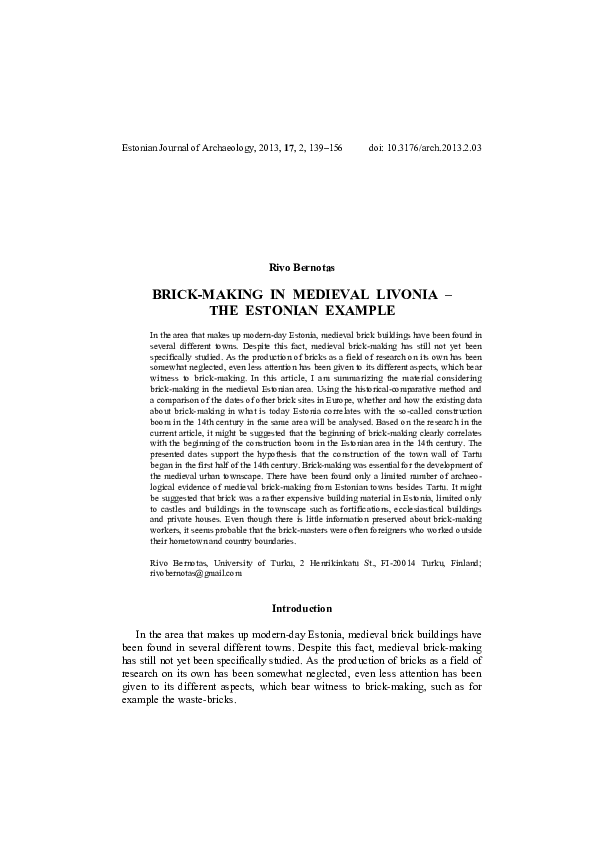 (PDF) Brick-Making in Medieval Livonia – the Estonian Example