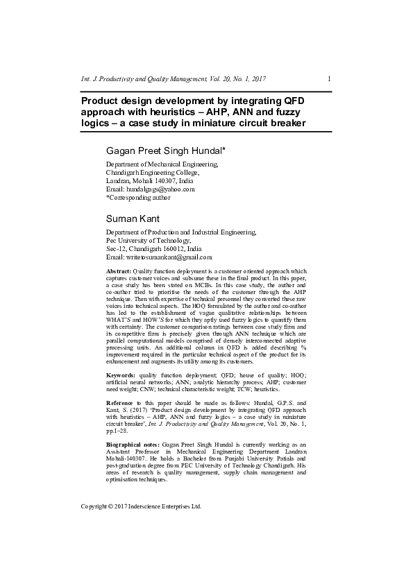(PDF) Product design development by integrating QFD approach with heuristics - AHP, ANN and ...