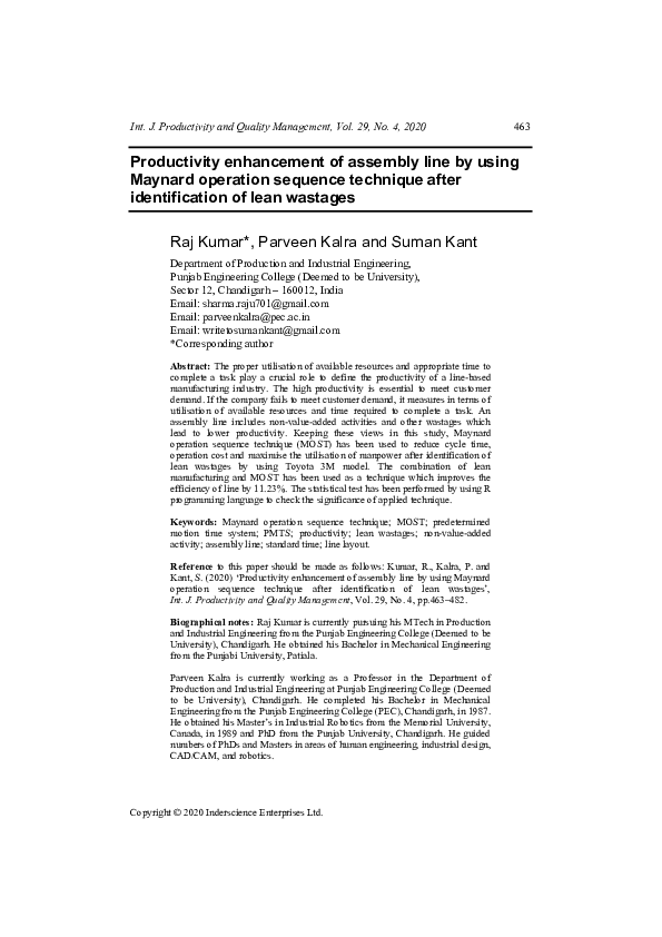 Pdf Productivity Enhancement Of Assembly Line By Using Maynard Operation Sequence Technique