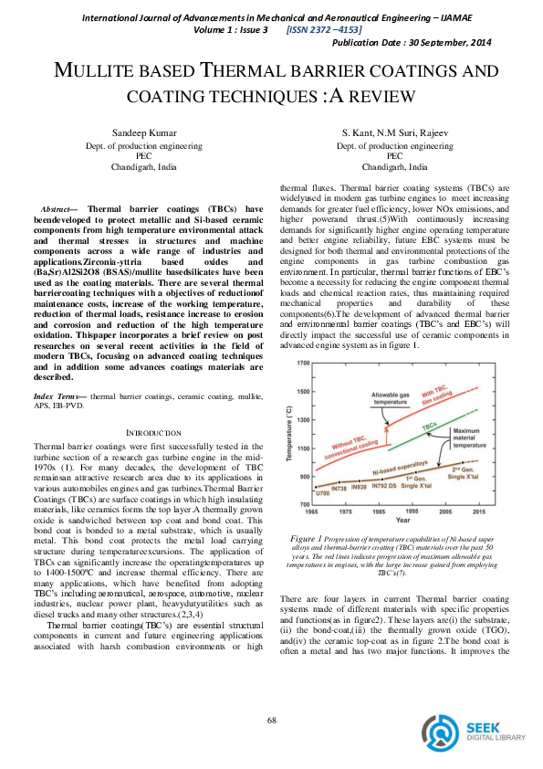 (PDF) Mullite Based Thermal Barrier Coatings And Coating Techniques :A Review