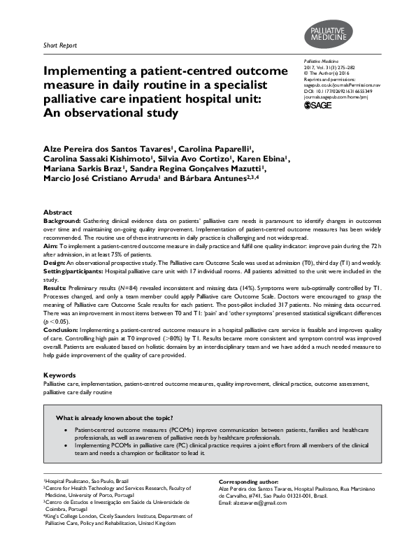 (PDF) Implementing a patient-centred outcome measure in daily routine in a specialist palliative ...