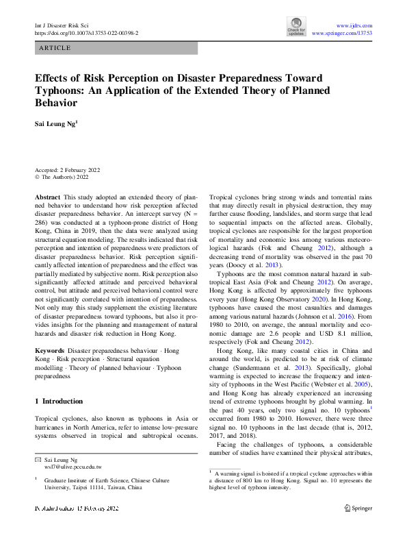 (PDF) Effects of Risk Perception on Disaster Preparedness Toward ...