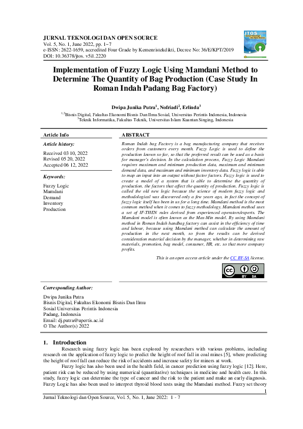 (PDF) Implementation of Fuzzy Logic Using Mamdani Method to Determine The Quantity of Bag ...