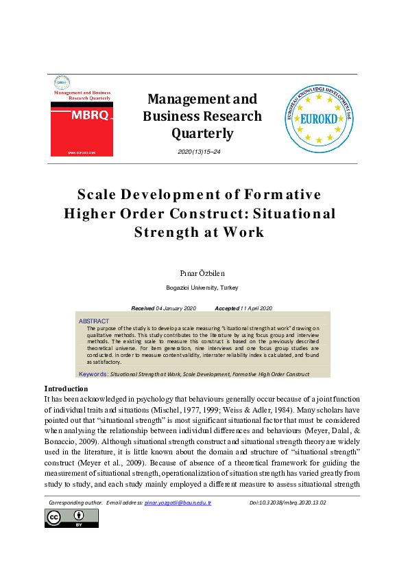 (PDF) Scale Development of Formative Higher Order Construct: Situational Strength at Work