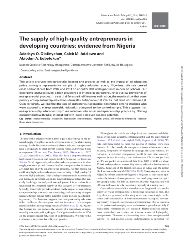 (PDF) The supply of high-quality entrepreneurs in developing countries ...