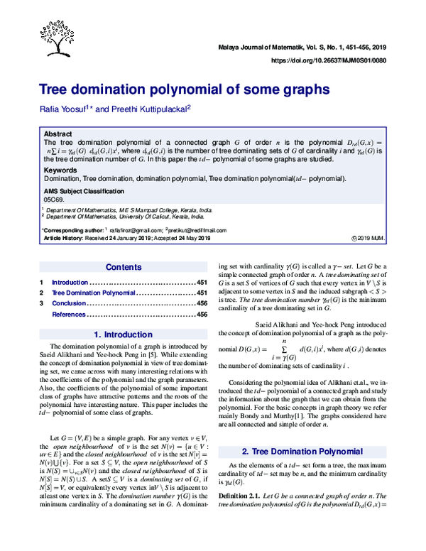 (PDF) Tree domination polynomial of some graphs | PREETHI KUTTIPULACKAL - Academia.edu
