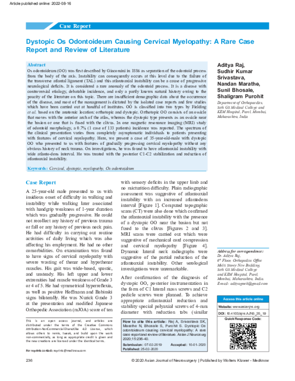 (PDF) Dystopic Os odontoideum causing cervical myelopathy: A rare case ...