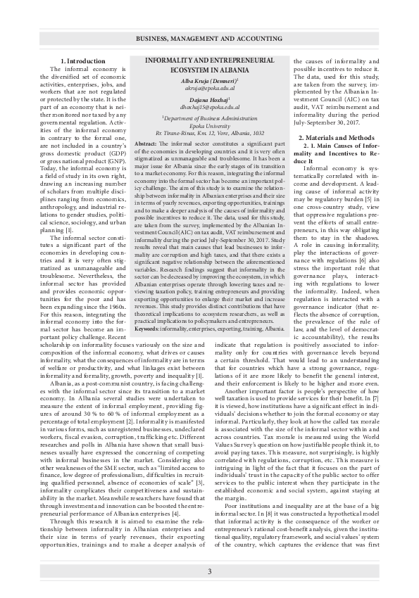 (PDF) Informality and Entrepreneurial Ecosystem in Albania