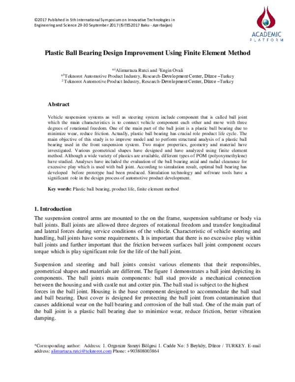 (PDF) Plastic Ball Bearing Design Improvement Using Finite Element Method