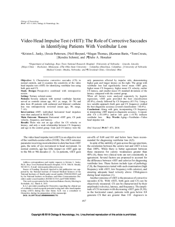 (PDF) [The Video Head Impulse Test (Vhit)]