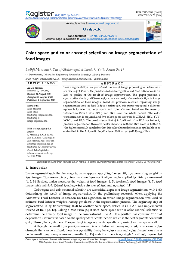 (PDF) Color space and color channel selection on image segmentation of food images