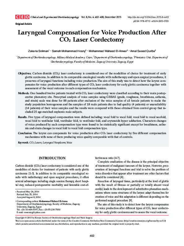 (PDF) Laryngeal Compensation for Voice Production After CO2Laser Cordectomy