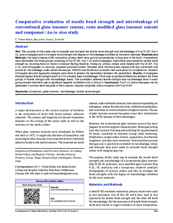(PDF) Comparative evaluation of tensile bond strength and microleakage of conventional glass ...