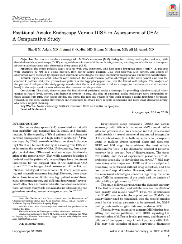 (PDF) Positional Awake Endoscopy Versus DISE in Assessment of OSA: A ...