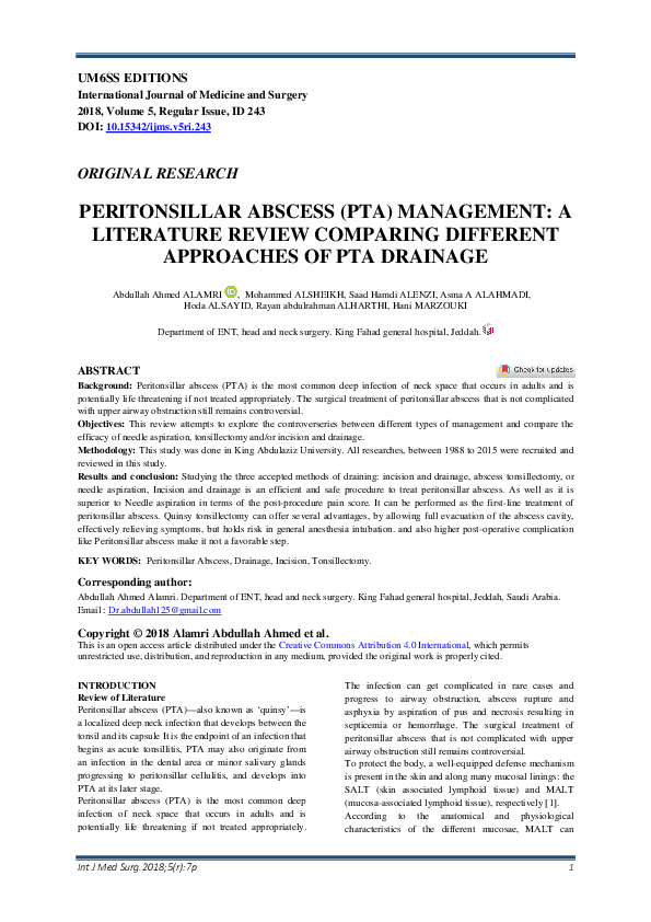 (PDF) Peritonsillar Abscess (PTA) Management: A Literature Review ...