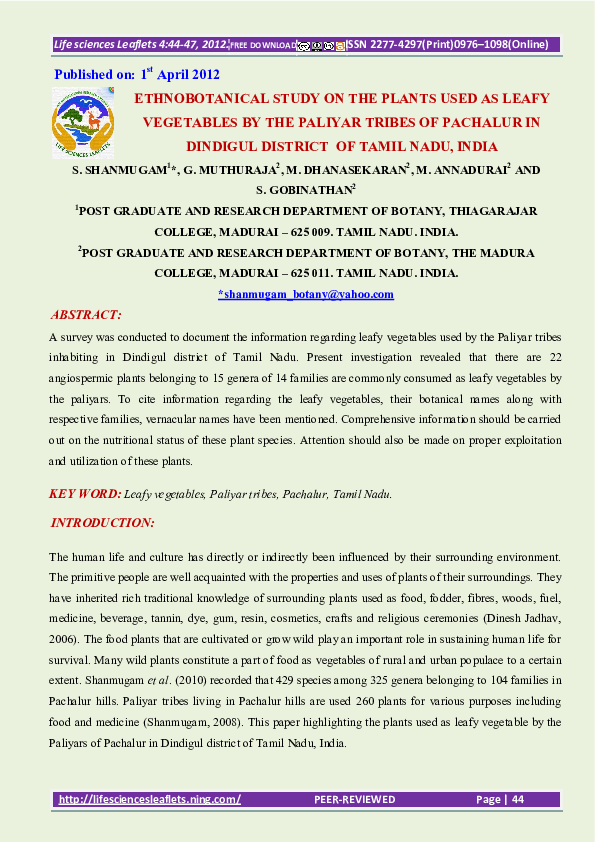 (PDF) ETHNOBOTANICAL STUDY ON THE PLANTS USED AS LEAFY VEGETABLES BY ...