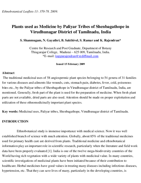 (PDF) Plants used as Medicine by Paliyar Tribes of Shenbagathope in ...