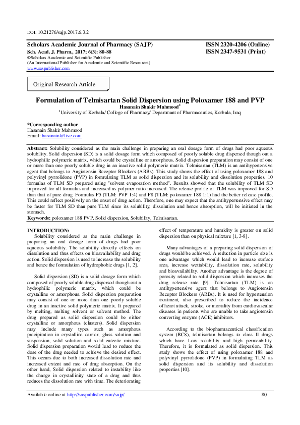 (PDF) Formulation of Telmisartan Solid Dispersion using Poloxamer 188 ...
