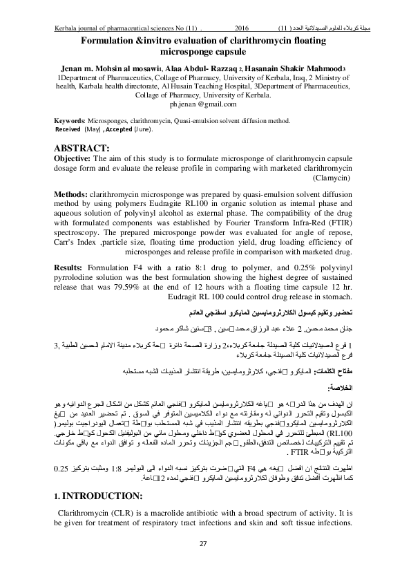 Pdf Formulation Andinvitro Evaluation Of Clarithromycin Floating Microsponge Capsule Hasanain