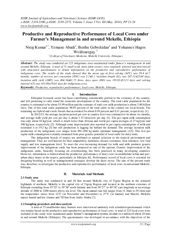 (PDF) Productive and Reproductive Performance of Local Cows under Farmer’s Management in and ...