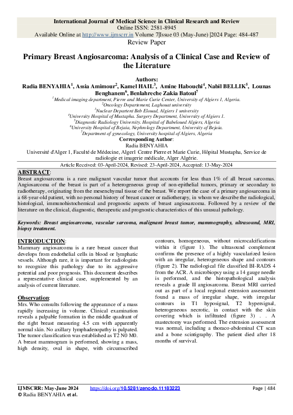 (PDF) Primary Breast Angiosarcoma: Analysis of a Clinical Case and Review of the Literature