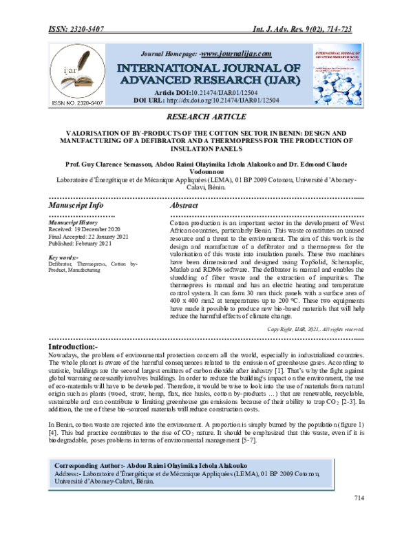 (PDF) Valorisation of By-Products of the Cotton Sector in Benin: Design and Manufacturing of a ...