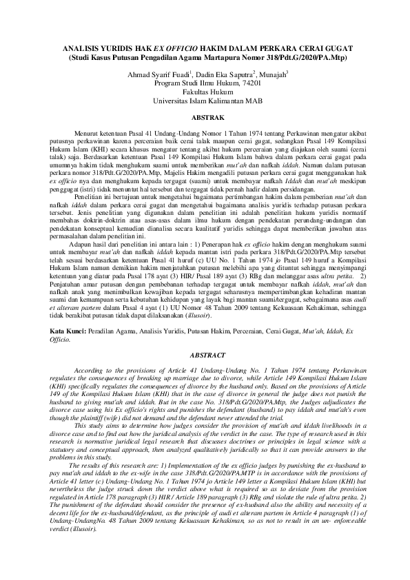 (PDF) ANALISIS YURIDIS HAK EX OFFICIO HAKIM DALAM PERKARA CERAI GUGAT (Studi Kasus Putusan ...