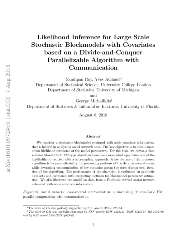 Pdf Likelihood Inference For Large Scale Stochastic Blockmodels With Covariates Based On A 9889