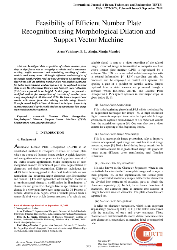 Pdf Feasibility Of Efficient Number Plate Recognition Using