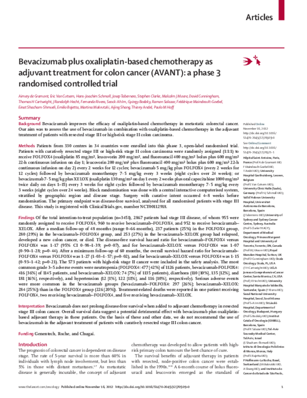 Pdf Bevacizumab Plus Oxaliplatin Based Chemotherapy As Adjuvant 5554