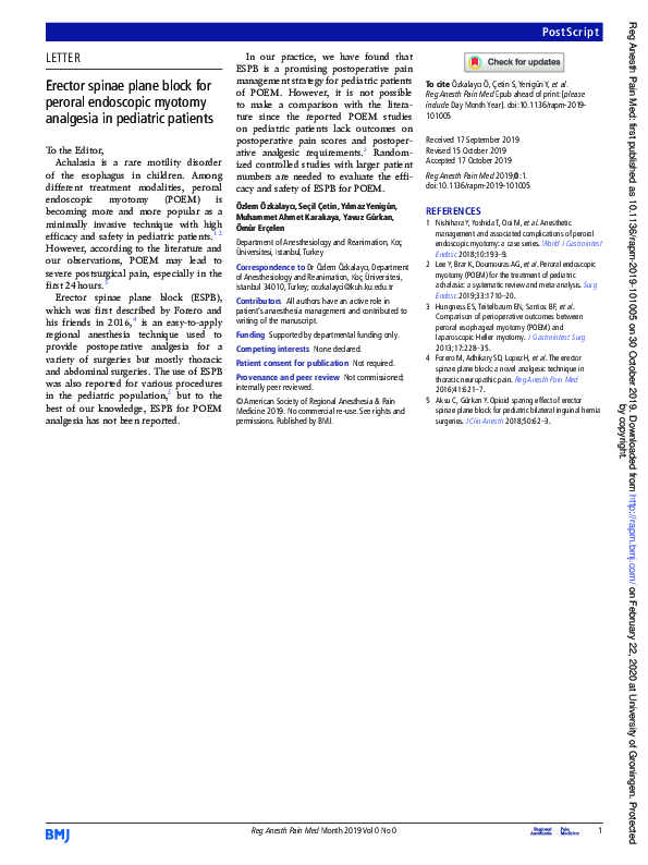 (PDF) Erector spinae plane block for peroral endoscopic myotomy ...