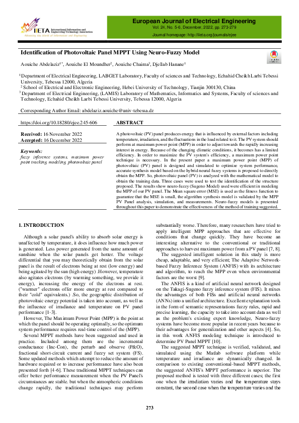 (PDF) Identification of Photovoltaic Panel MPPT Using Neuro-Fuzzy Model