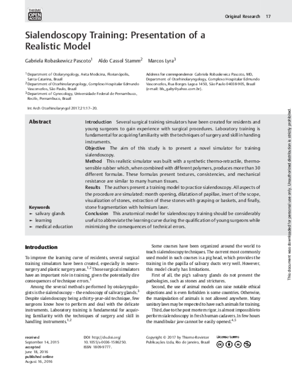 (PDF) Sialendoscopy Training: Presentation of a Realistic Model