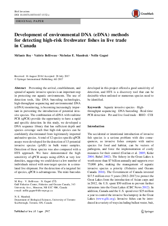 (PDF) Development of environmental DNA (eDNA) methods for detecting ...
