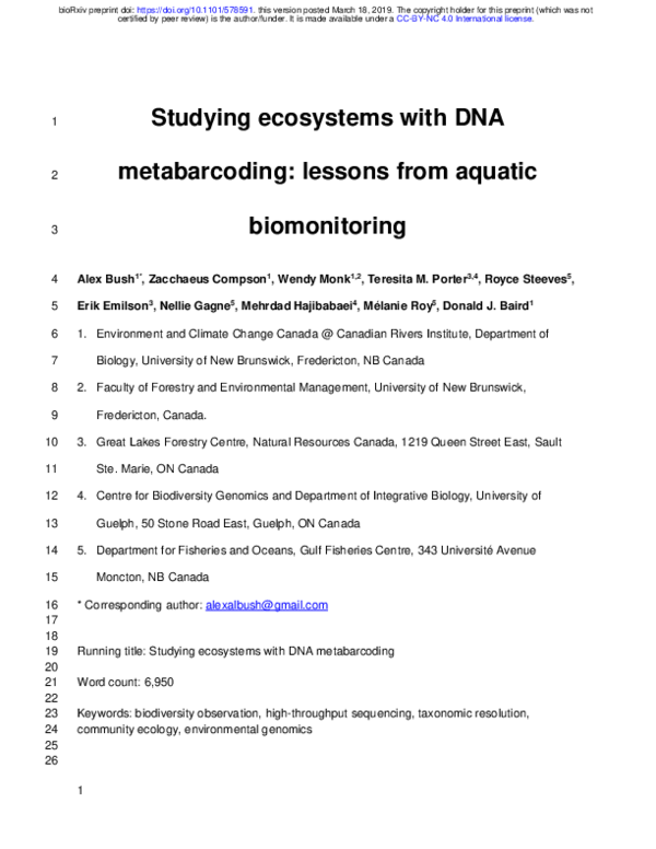 (PDF) Studying ecosystems with DNA metabarcoding: lessons from aquatic biomonitoring