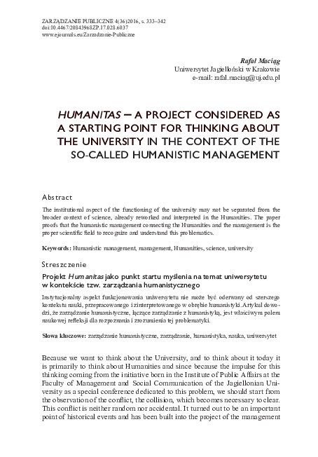 (PDF) Humanitas – A project considered as a starting point for thinking about the university in ...