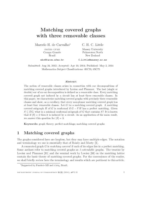 (PDF) Matching Covered Graphs with Three Removable Classes