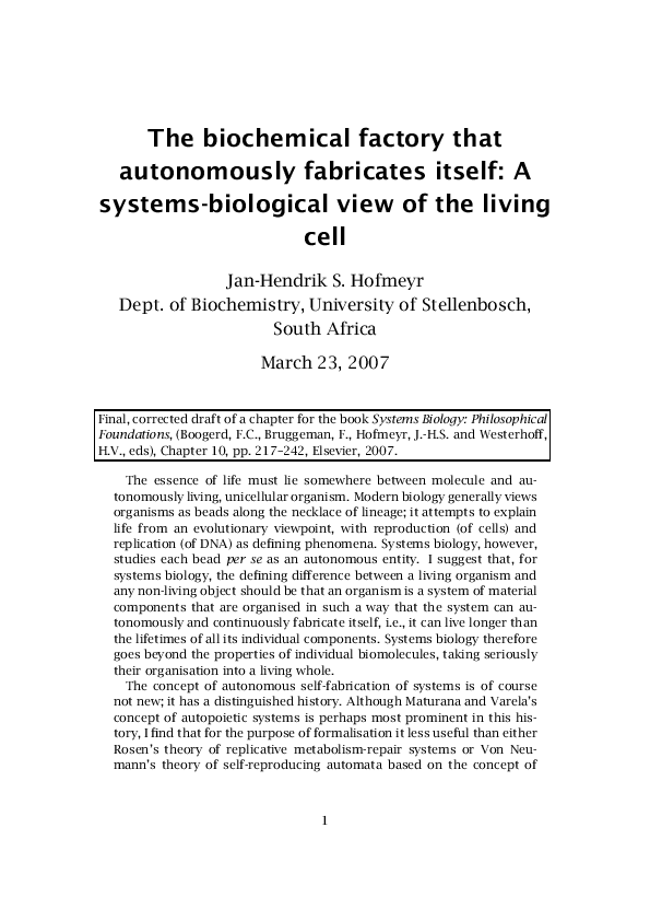 (PDF) The biochemical factory that autonomously fabricates itself: A ...