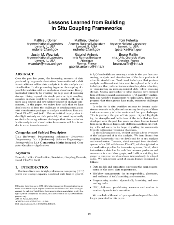 (PDF) Lessons Learned from Building In Situ Coupling Frameworks | Bruno Raffin - Academia.edu