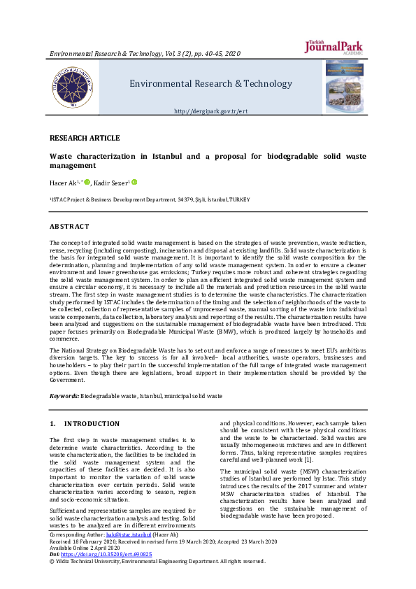 (PDF) Waste characterization in Istanbul and a proposal for biodegradable solid waste management