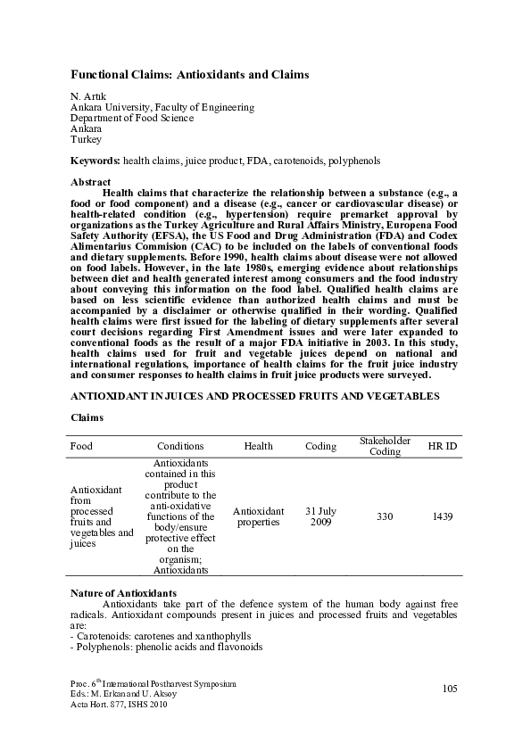 (PDF) Functional Claims: Antioxidants and Claims